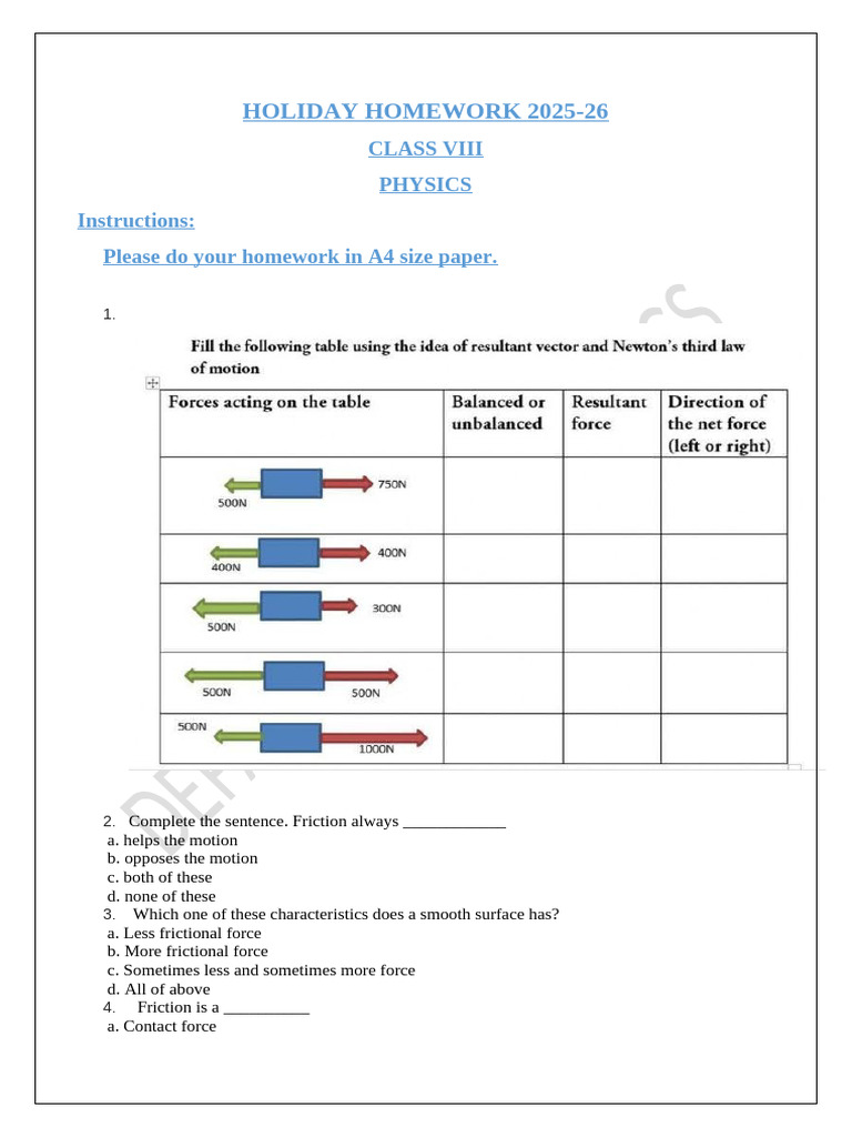 Class VIII Physics Holiday Homework | PDF