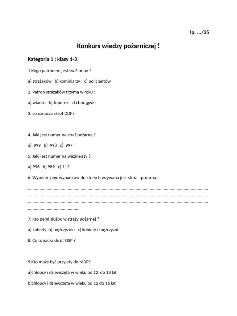Konkurs Wiedzy o Pozarnictwie Kat 1 | PDF