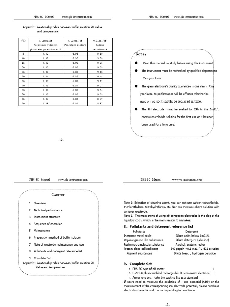 PHS-3C Digital PH Meter Operation Manual | PDF | Ph | Buffer Solution