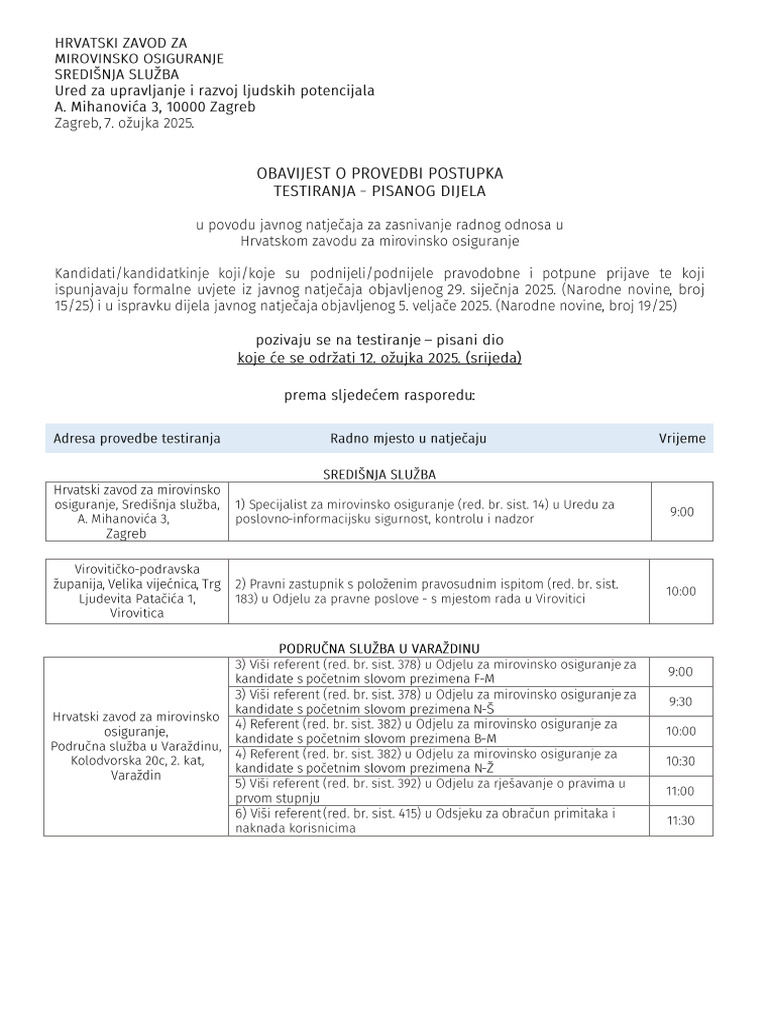 Obavijest o Provedbi Pisanog Dijela Testiranja 12 Ozujka 2025 | PDF