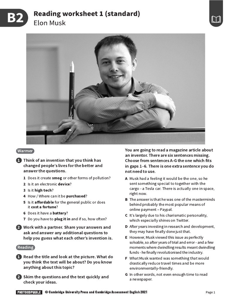 Complete First Reading Worksheet Elon Musk | PDF