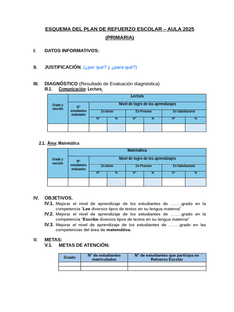 5-Esquema Del Plan de Refuerzo Escolar-Aula-OK | PDF | Evaluación | Aprendizaje