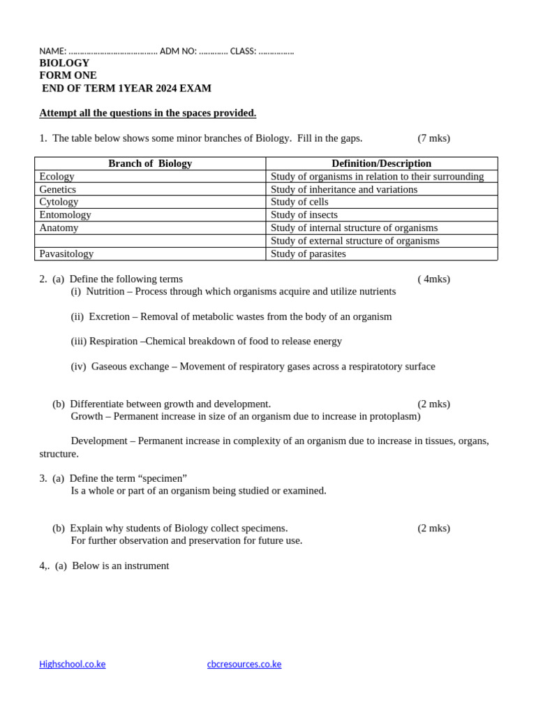 Bio Form 1 MS Endterm 1 Exam | PDF | Taxonomy (Biology) | Biology