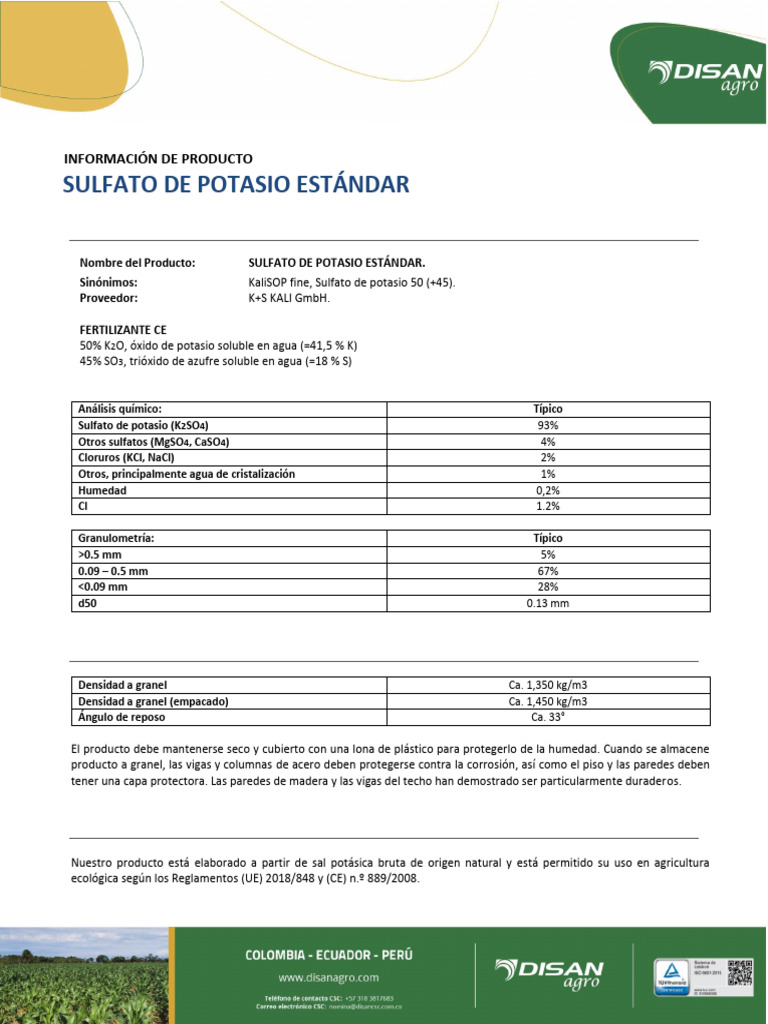 Ficha Técnica Formato Disan Sulfato de Potasio Estándar (KaliSOP Fine) - K+S | PDF | Química ...