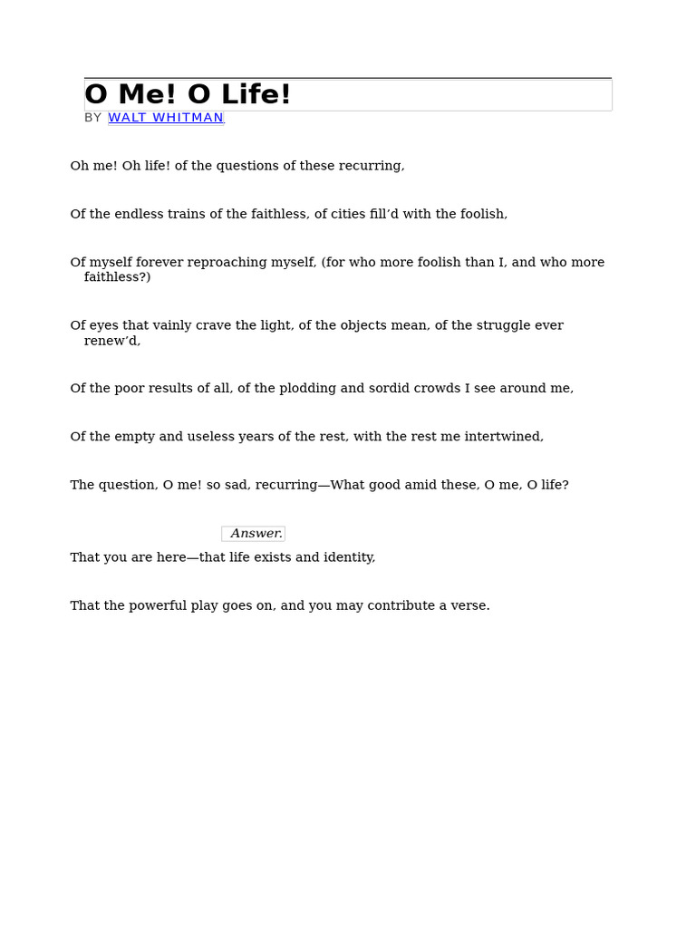 Analysis of "O Me! O Life!" | PDF