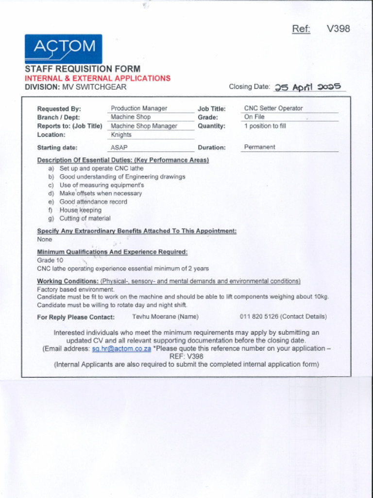 CNC Setter Operator V398 | PDF