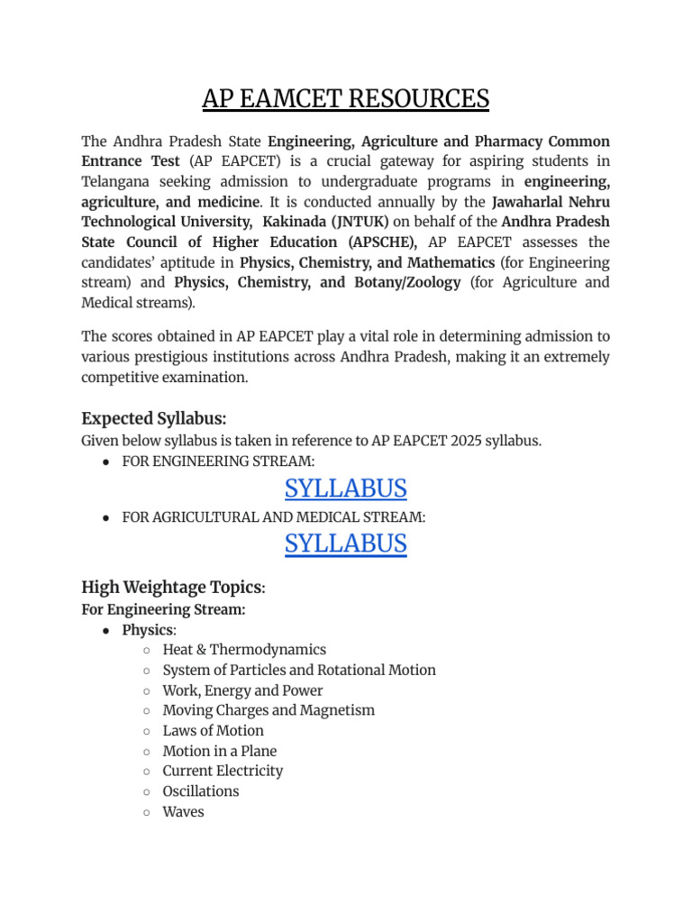 AP EAMCET RESOURCES - For MPC & BiPC | PDF | Physical Sciences | Physics