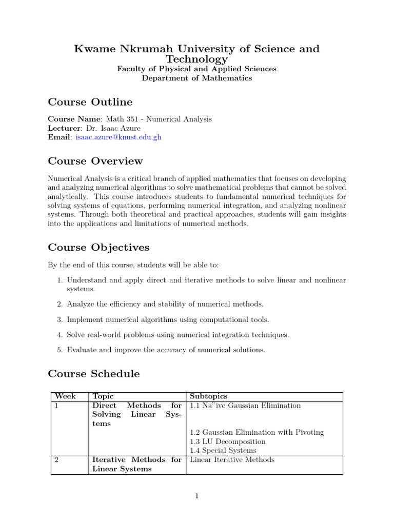 Math 351 Numerical Analysis Course Outline | PDF | Numerical Analysis ...