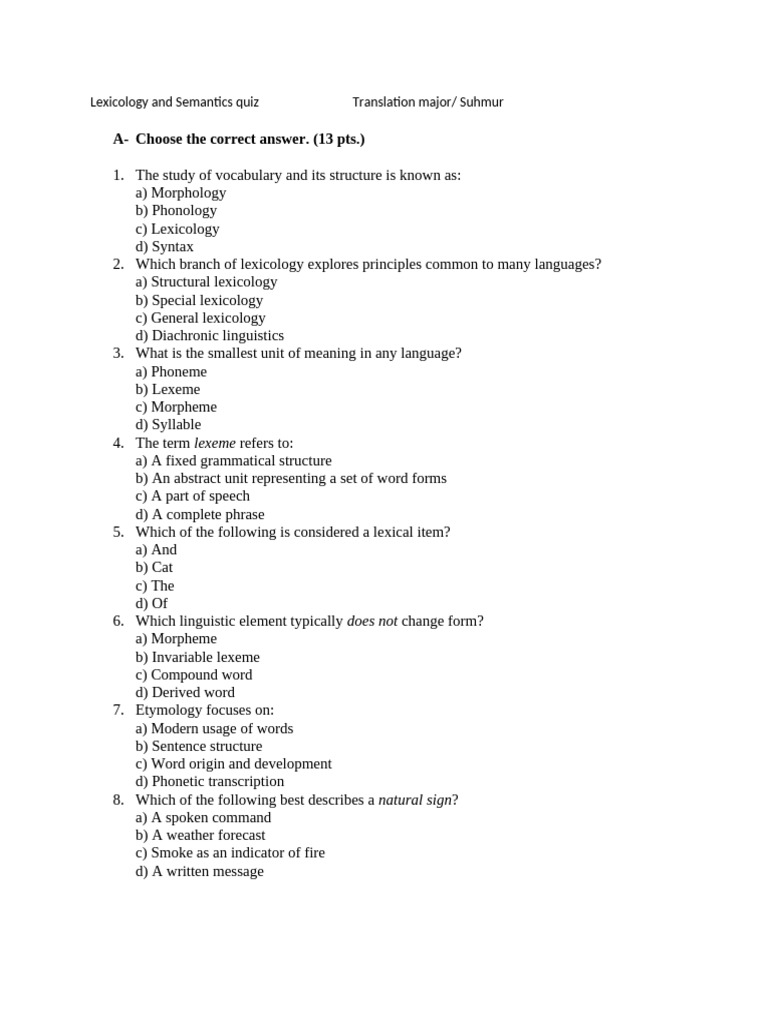 Lexicology and Semantics Quiz | PDF | Word | Lexicology
