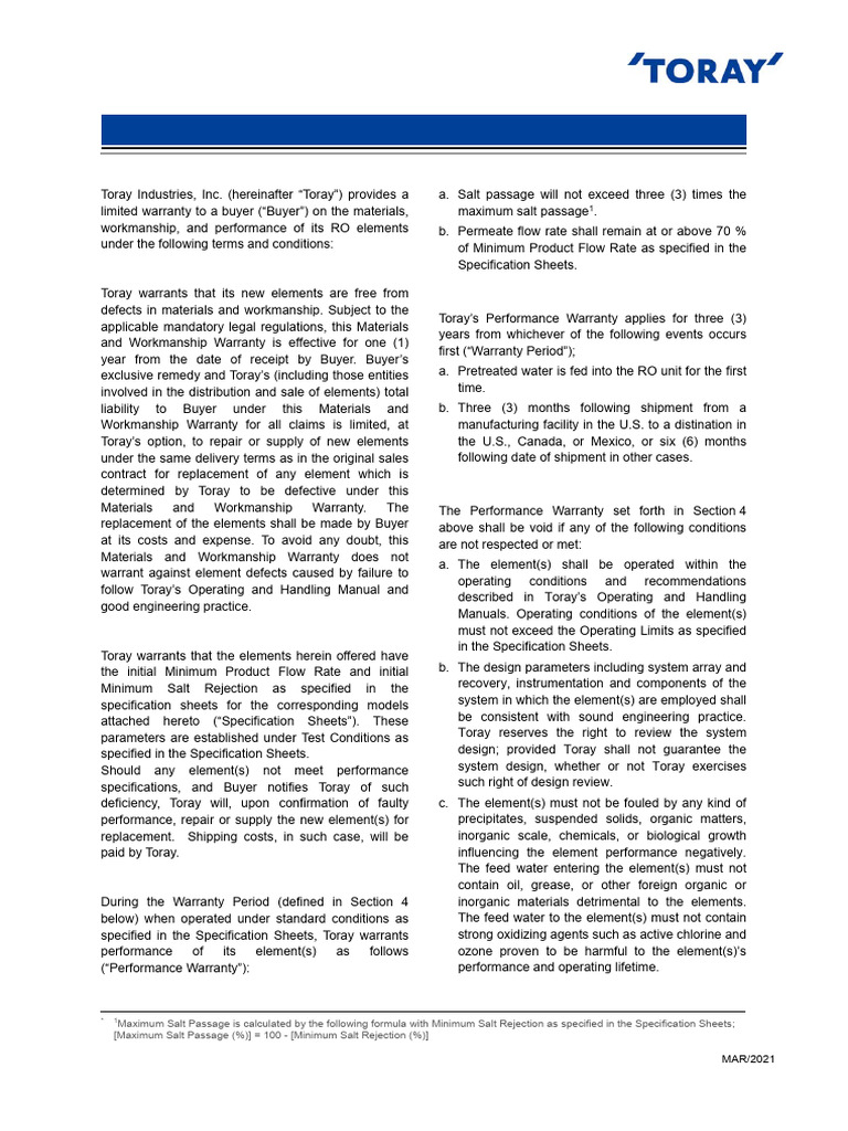 Toray Element Standard Life Warranty | PDF | Private Law