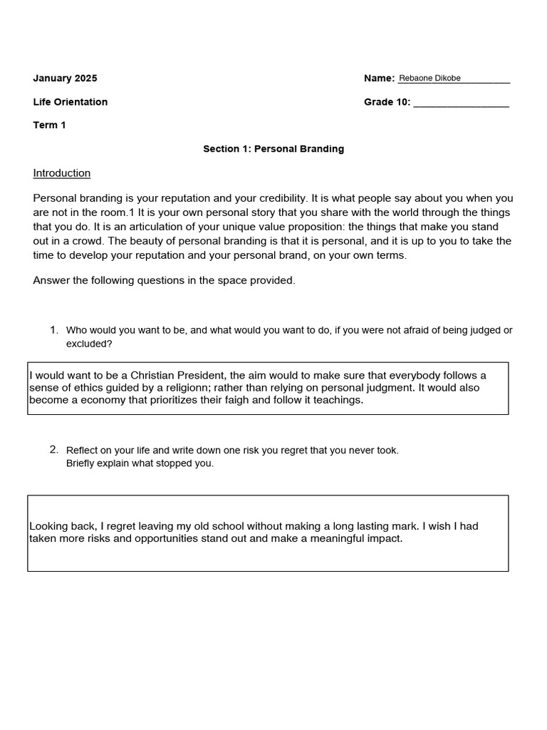 Personal Branding Guide for Grade 10 | PDF | Brand | Risk
