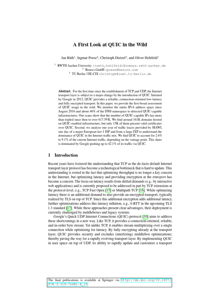 A First Look at QUIC in The Wild | PDF | Data Transmission | Computer Standards
