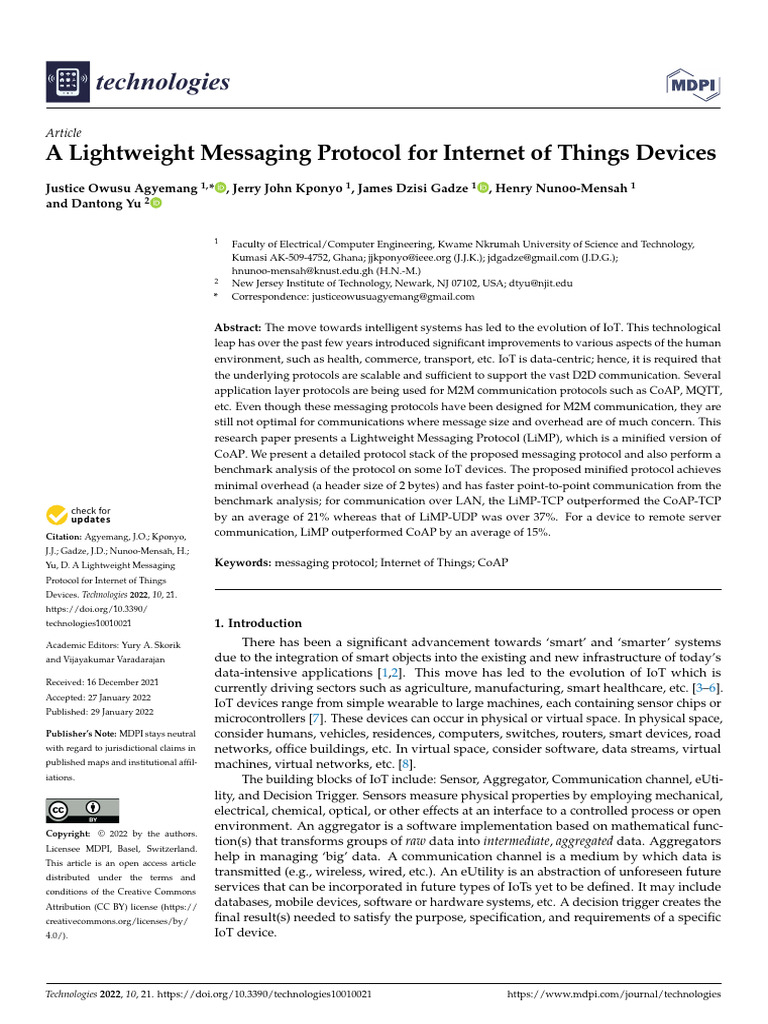 A Lightweight Messaging Protocol for Internet of Things Devic | PDF | Transmission Control ...