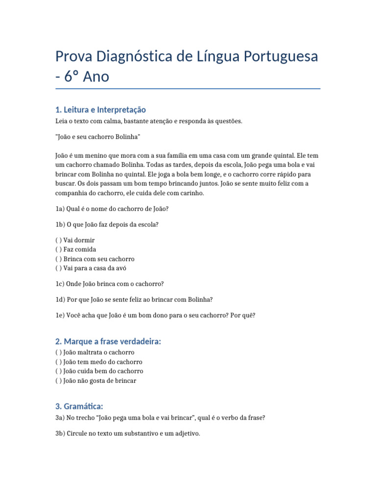 Prova Diagnostica Portugues 6ano Corrigida | PDF