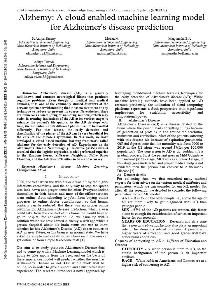 Alzhemy A Cloud Enabled Machine Learning Model For Alzheimers Disease ...