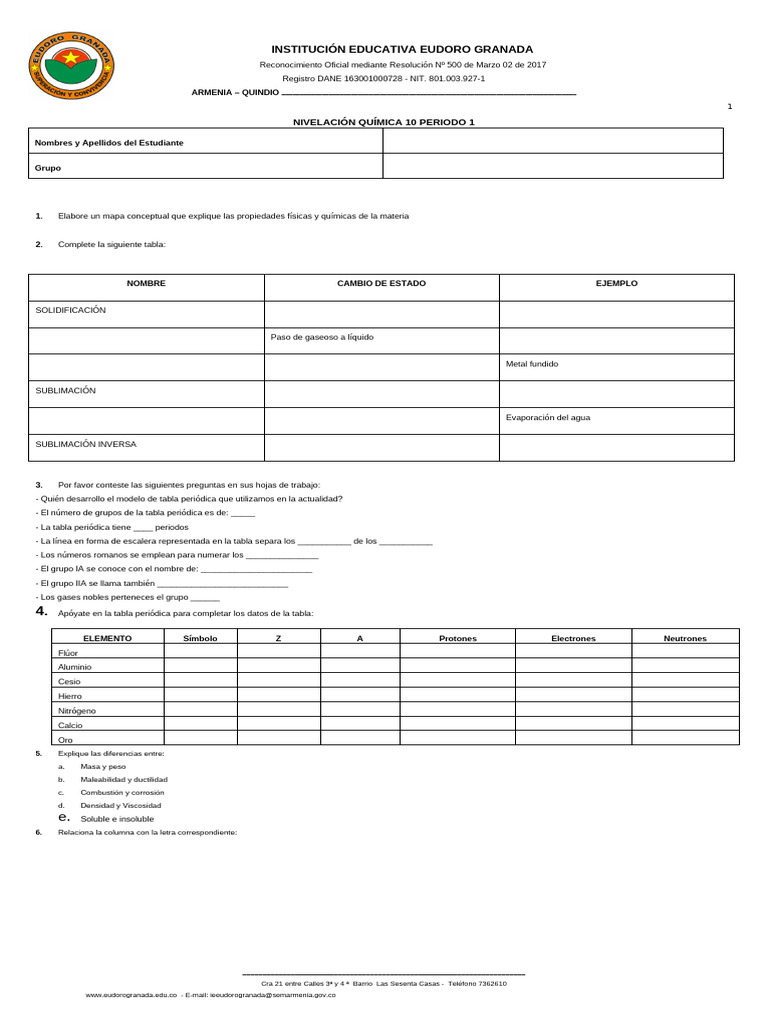 NIVELACIÓN QUÍMICA 10 PERIODO 1 Prop Materia | PDF | Tabla periódica ...