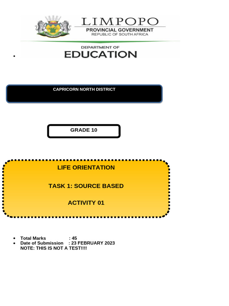 Grade 10 Life Orientation Task Guide | PDF | Self Esteem | Learning
