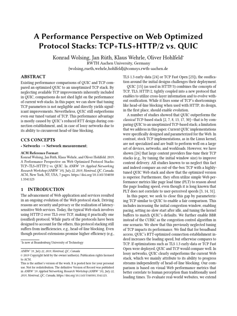 A Performance Perspective On Web Optimized Protocol Stacks TCP+TLS+HTTP2 Vs QUIC | PDF ...