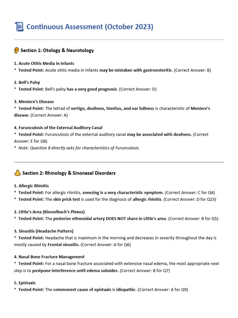 MCQs Overview - ENT Mansoura | PDF | Human Nose | Ear