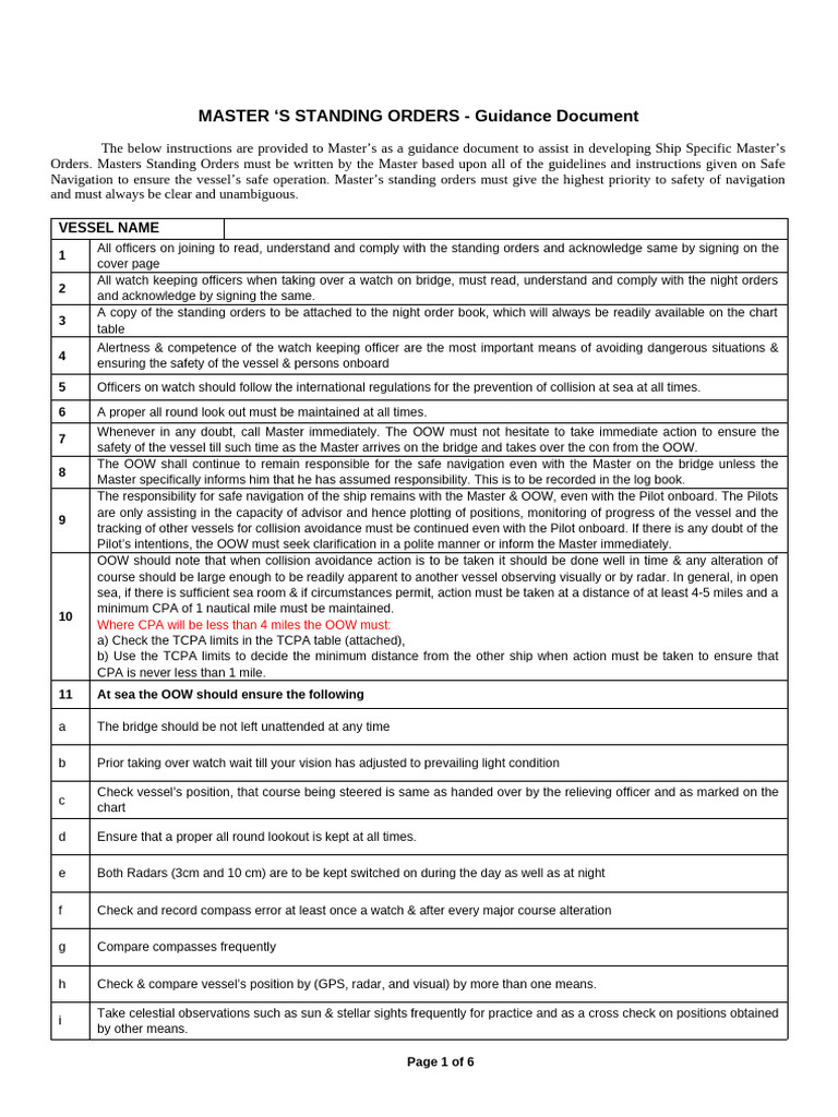 Masters Standing Orders (By CPT Vlasov K.) | PDF | Ships | Navigation