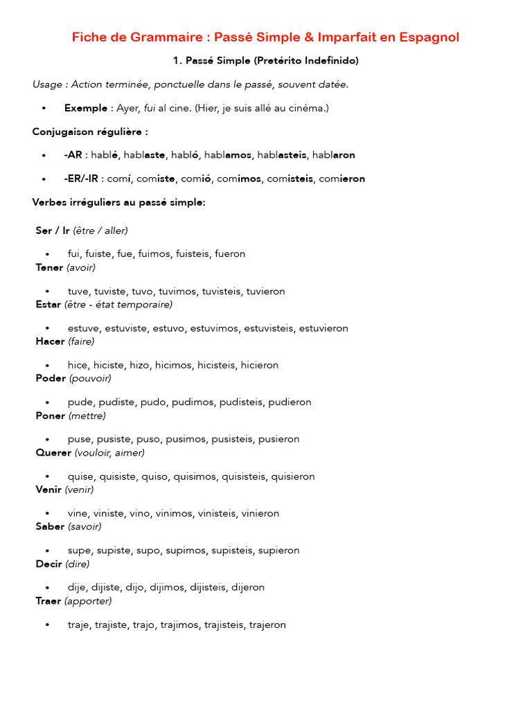 Fiche Gr. Passé Simple - Imparfait | PDF
