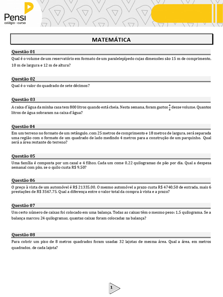 Lista de PS2 - Matem-Tica - 6 - Ano | PDF