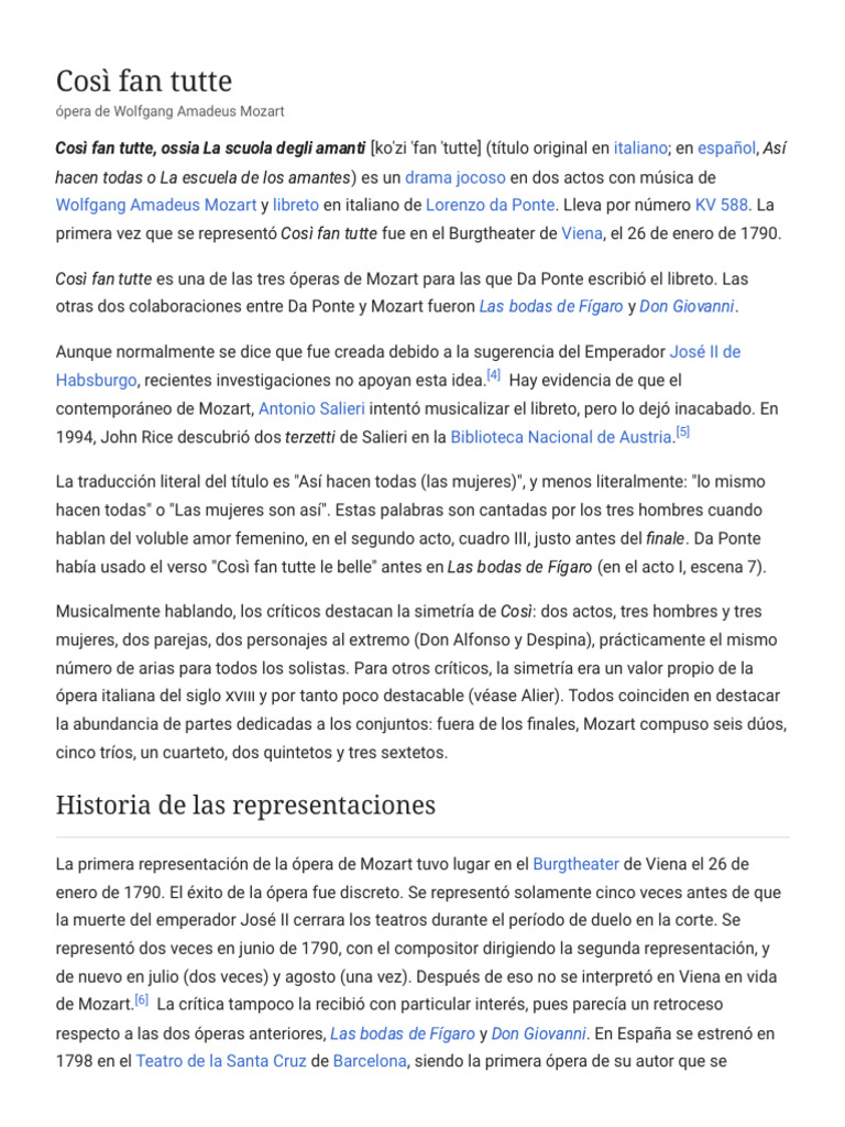 Così Fan Tutte - Wikipedia, La Enciclopedia Libre | PDF | Ópera | Composiciones