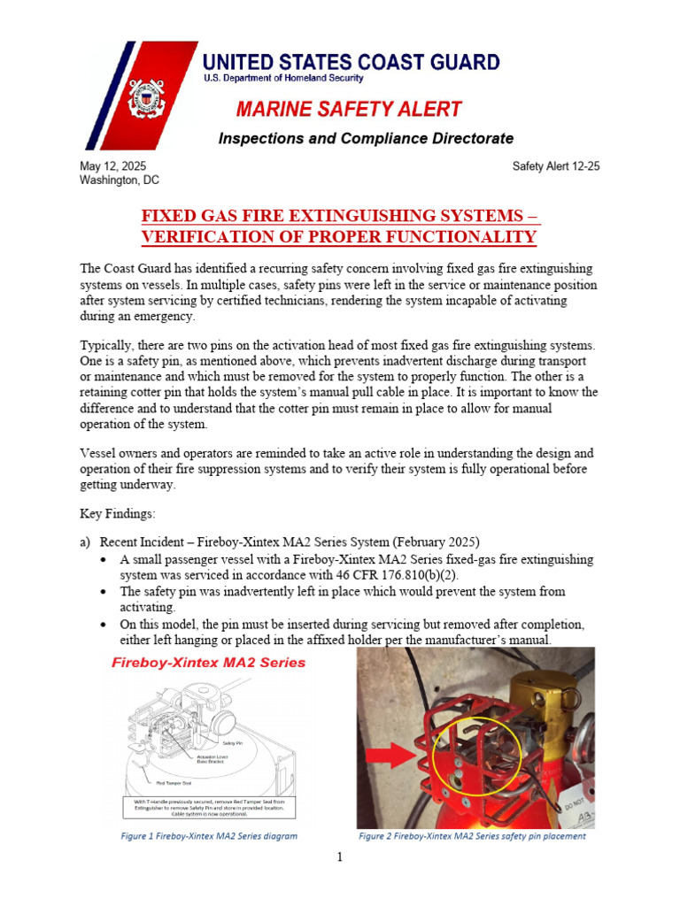 USCG Issues Alert On Fixed Gas Fire Extinguishing Systems | PDF | Safety