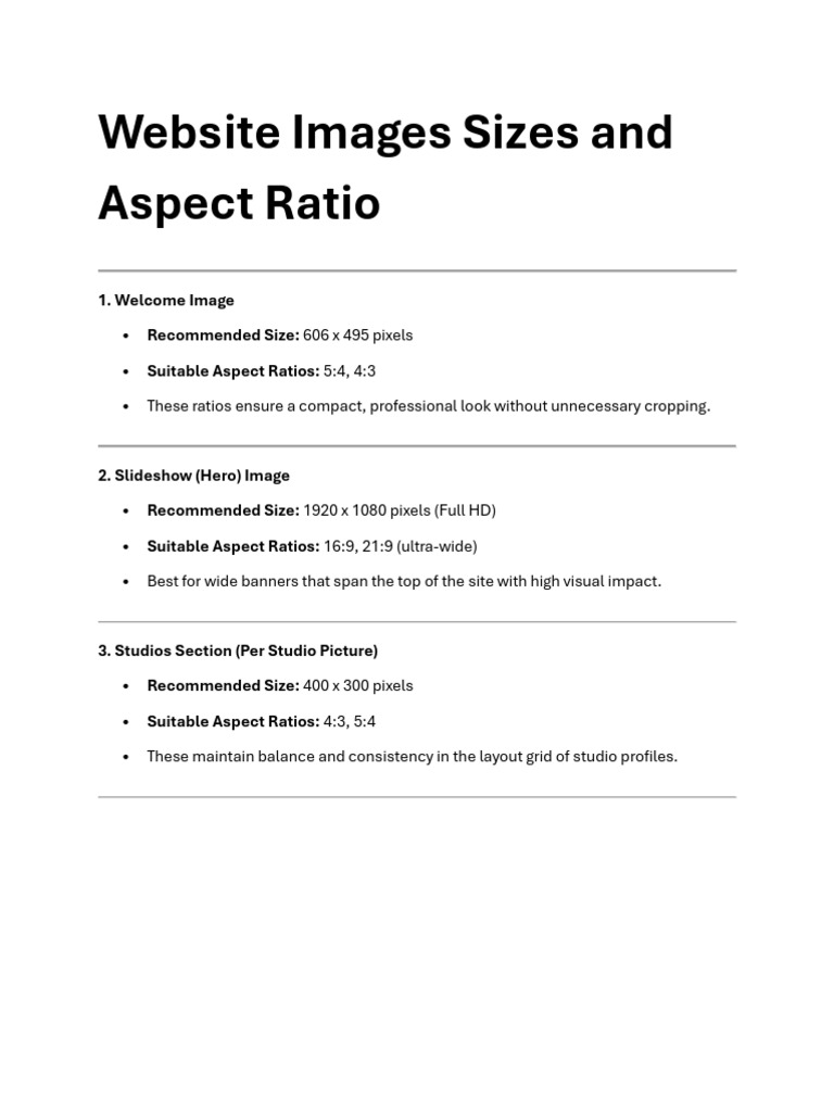 Website Images Sizes and Aspect Ratio | PDF