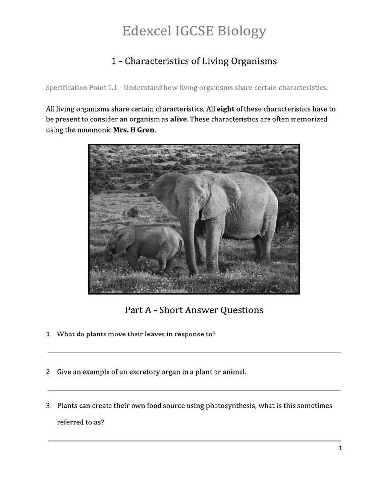 1a Characteristics of Living Organisms WS | PDF