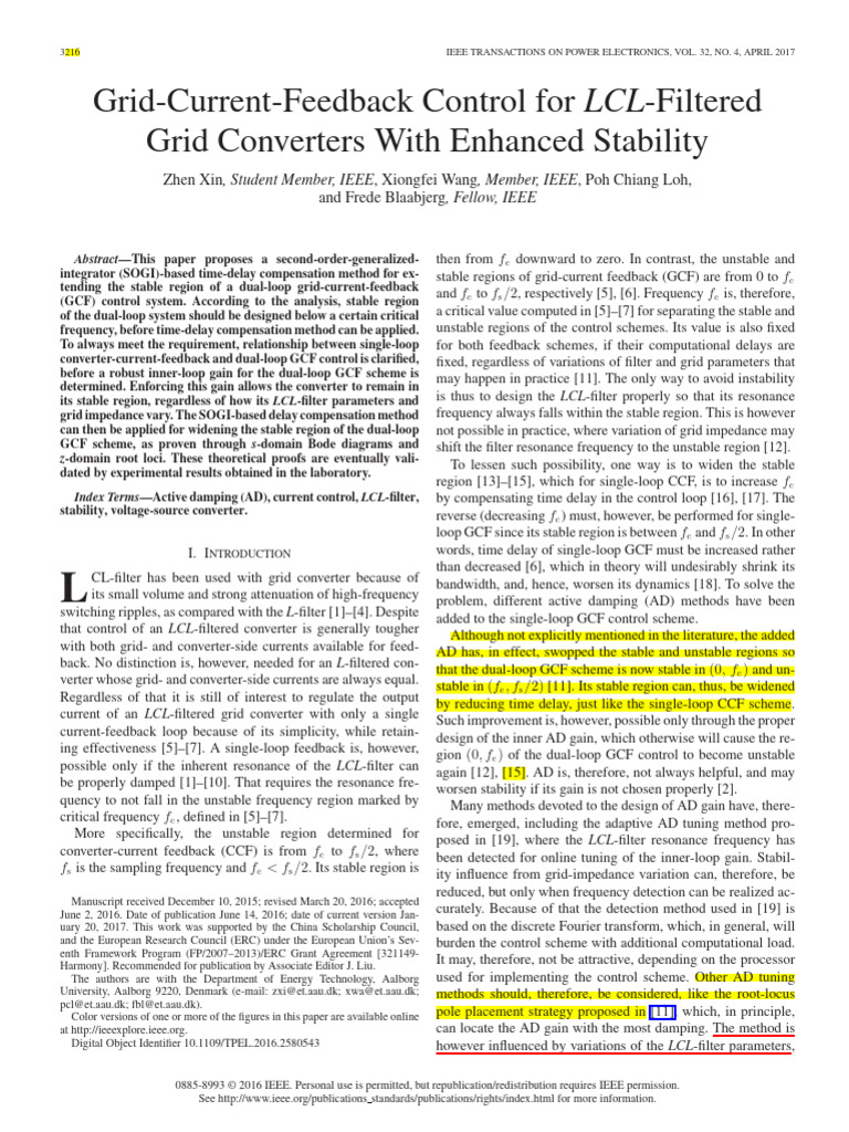 Grid-Current-Feedback Control for LCL-Filtered Grid Converters With Enhanced Stability | PDF ...