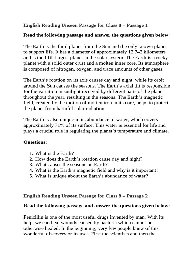 Unseen Passages for Class 8 with Q&A | PDF | Earth | Planets