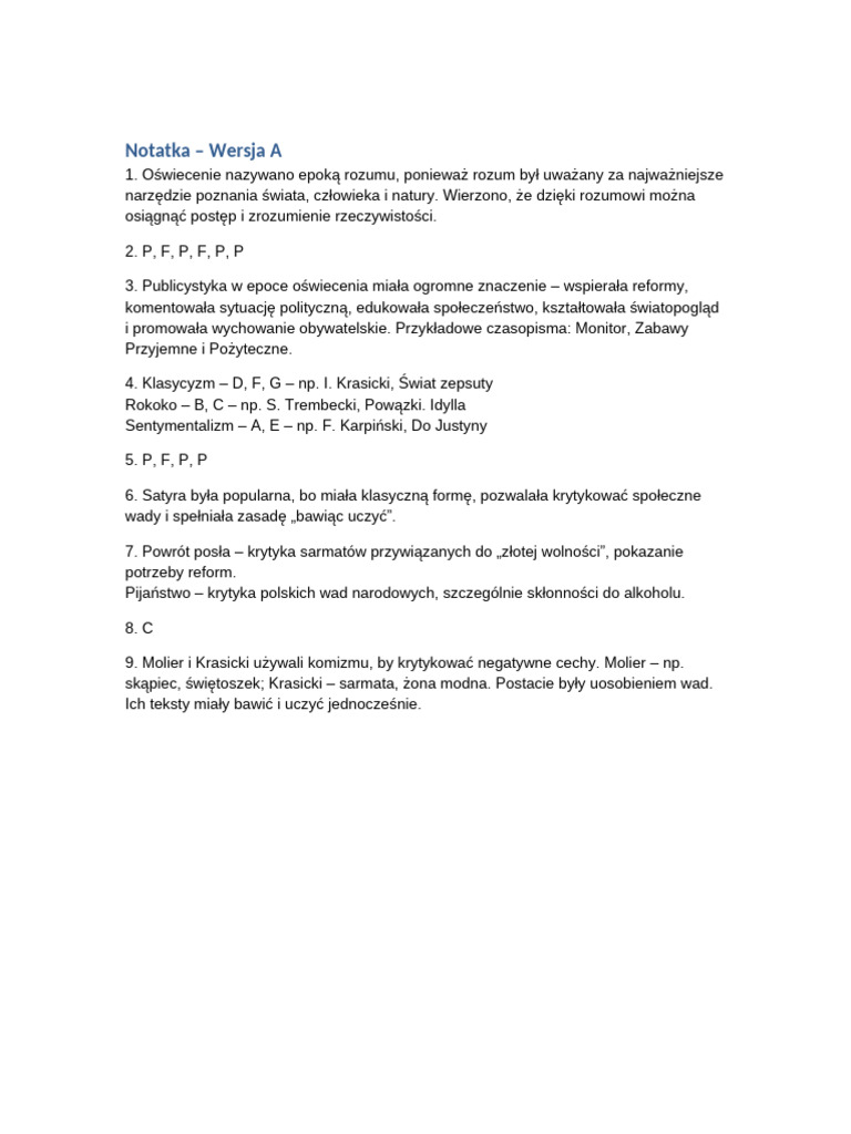 Notatka Oswiecenie WersjaA I B | PDF