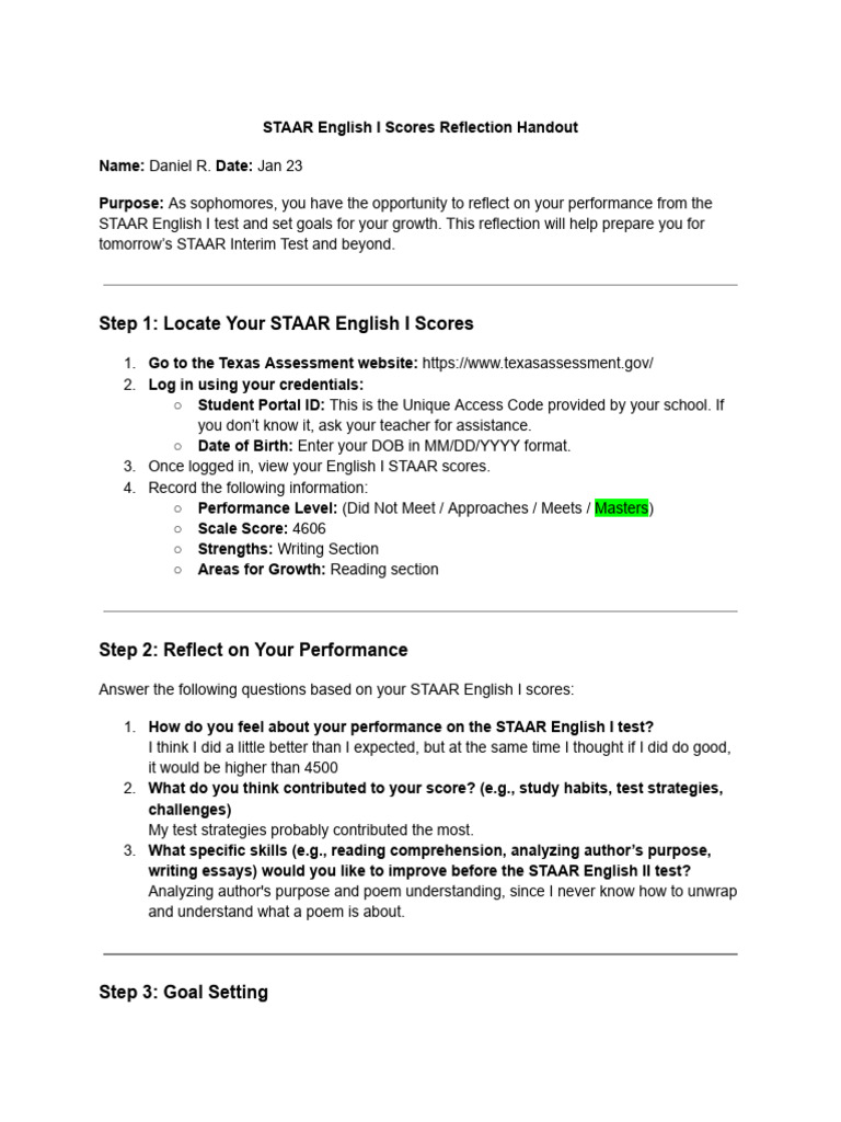 STAAR English I Scores Reflection Handout | PDF | Reading Comprehension ...