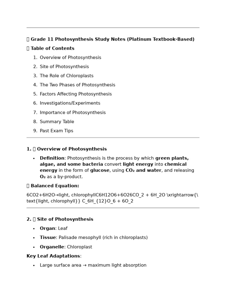 ? Grade 11 Photosynthesis Study Notes.docx2 | PDF | Photosynthesis ...