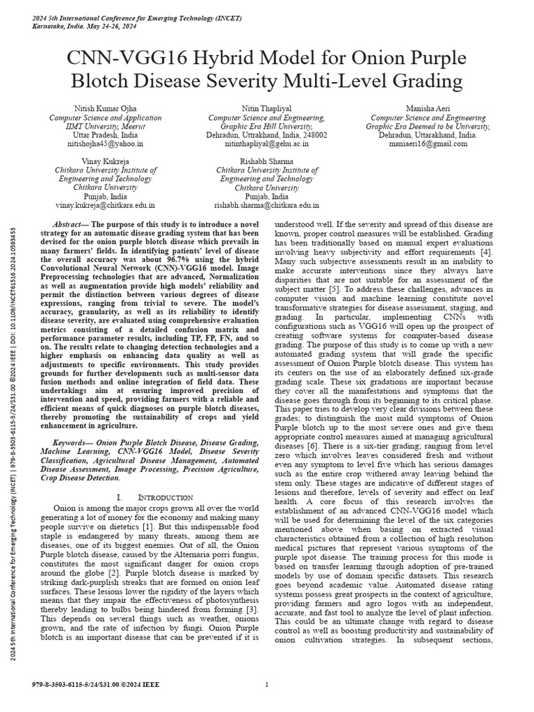 CNN-VGG16 Hybrid Model For Onion Purple Blotch Disease Severity Multi ...