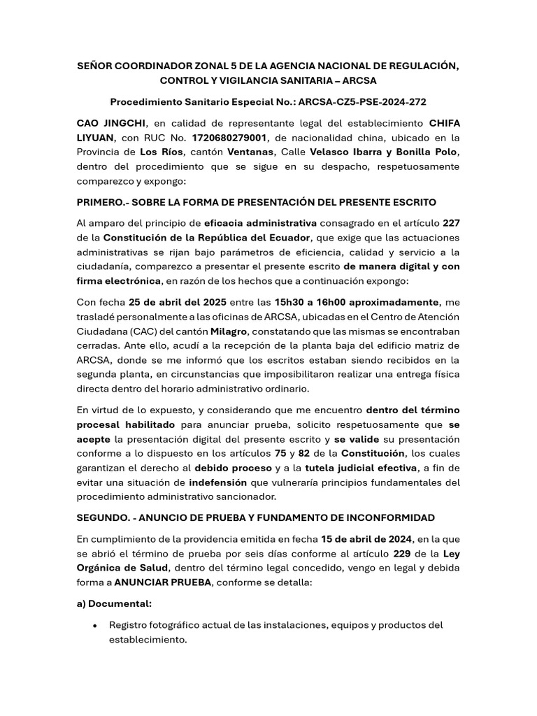 Escrito de Presentación de Prueba Proceso Arcsa-cz5-Pse-2024-272 | PDF | Justicia | Crimen y ...