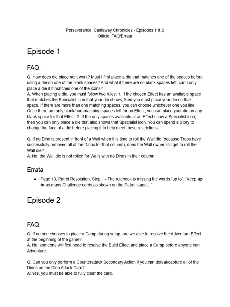 Perseverance Ep 1 & 2 FAQ Errata | PDF | Tabletop Games | Games Of Mental Skill