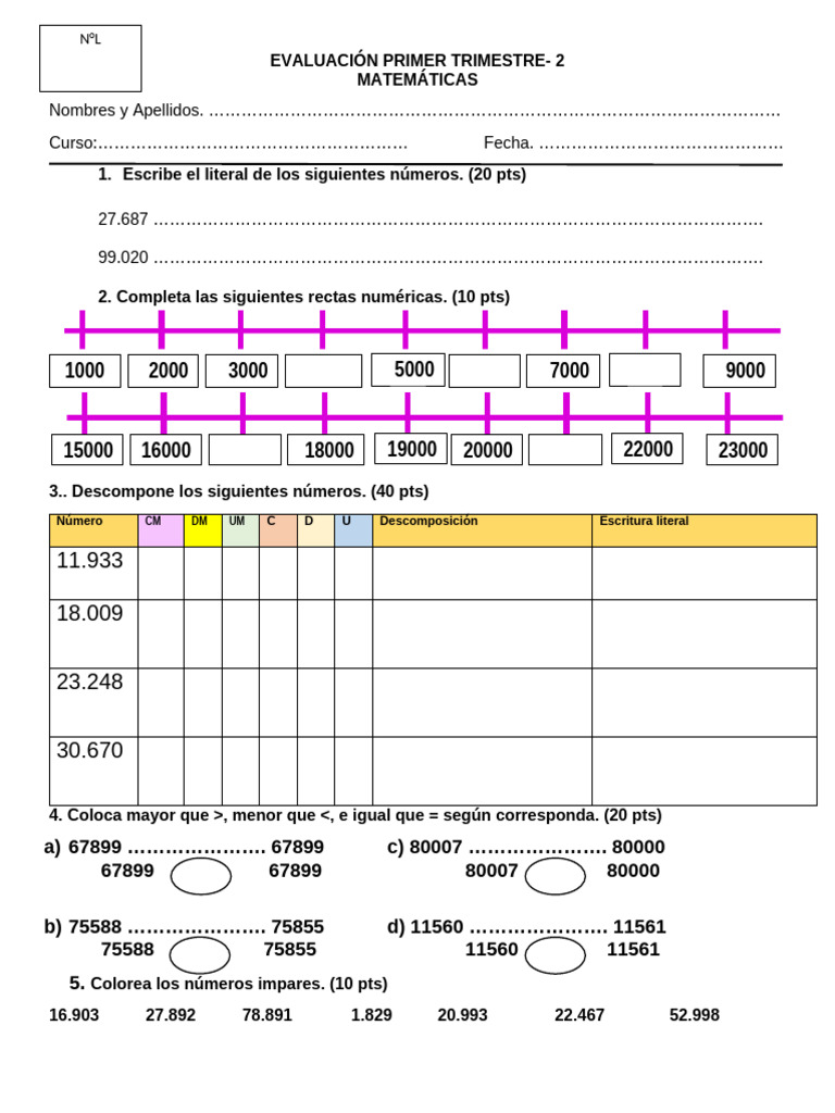 Evaluación Mat 2-1 4to Add | PDF
