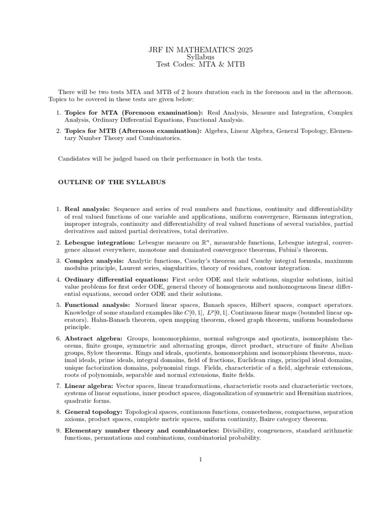 JRF Math Mta MTB Syllabus 2025 | PDF | Field (Mathematics) | Group (Mathematics)