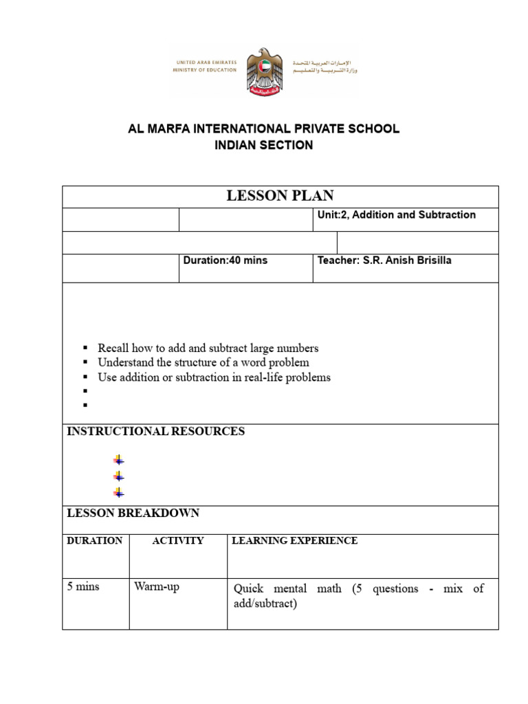 Grade V Math Lesson Plan: Addition & Subtraction | PDF
