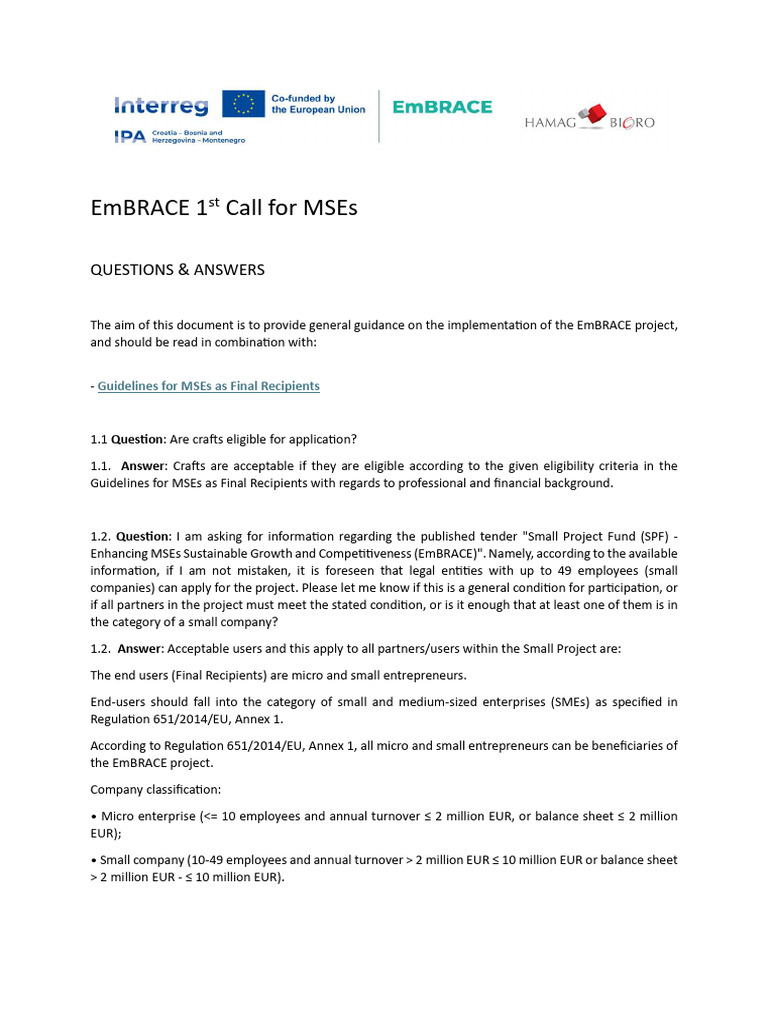 EmBRACE 1st Call QA - v3 | PDF | Small And Medium Sized Enterprises | Euro
