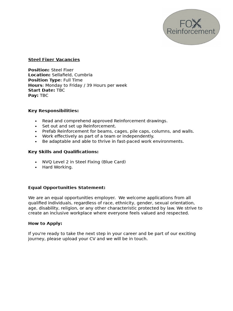 Steel Fixer Job Opening in Sellafield | PDF