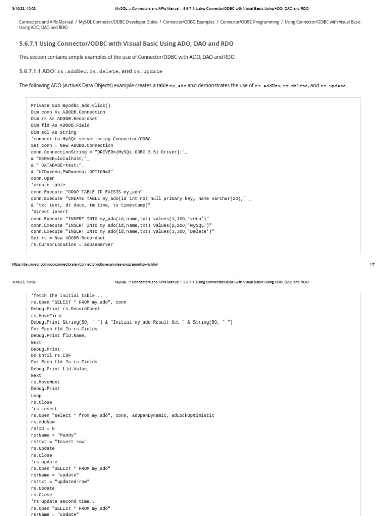 MySQL __ Connectors and APIs Manual __ 5.6.7.1 Using Connector_ODBC with Visual Basic Using ADO ...