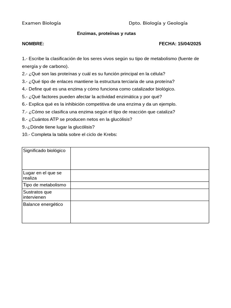 Examen Bio Prot, Enzimas, Rutas | PDF