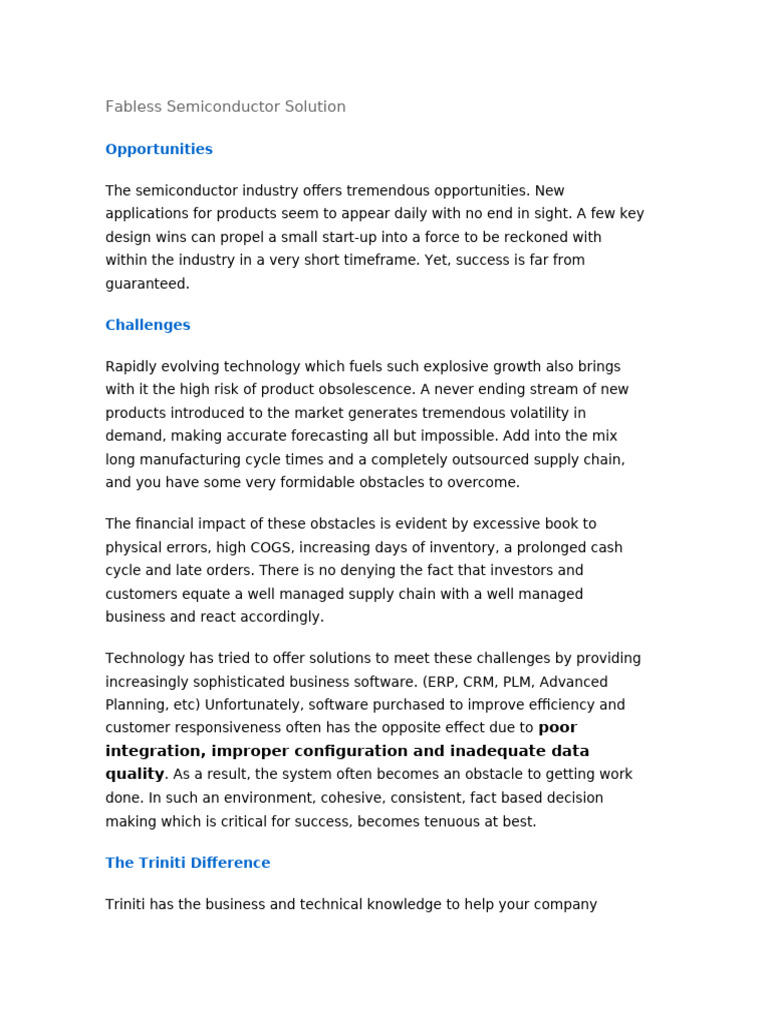Trinity Fabless Semiconductor Solution | PDF | Enterprise Resource Planning | Supply Chain