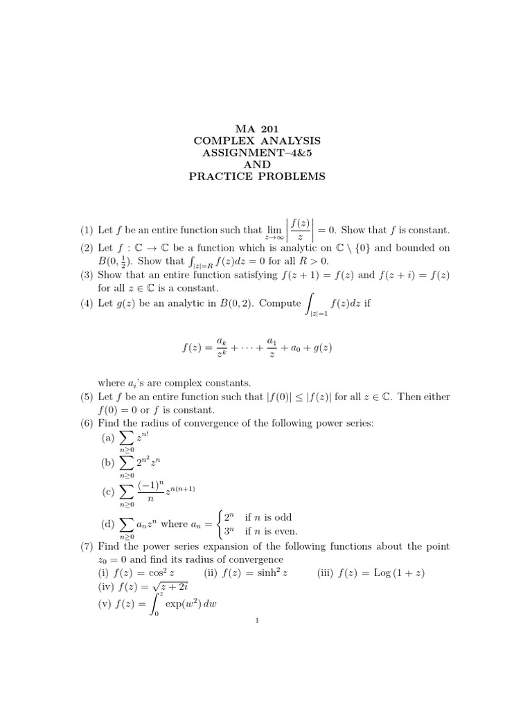 Complex Analysis Assignments & Problems | PDF | Power Series | Real ...