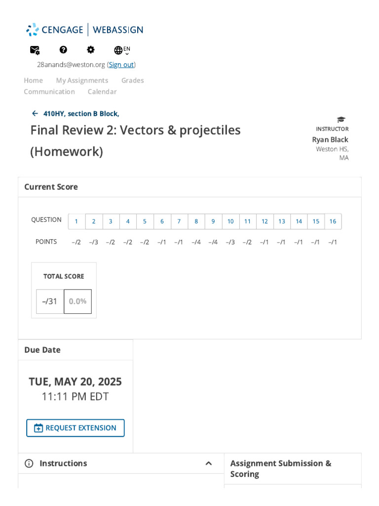 Final Review 2 - Vectors & Projectiles - 410HY, Section B Block - WebAssign | PDF | Acceleration ...