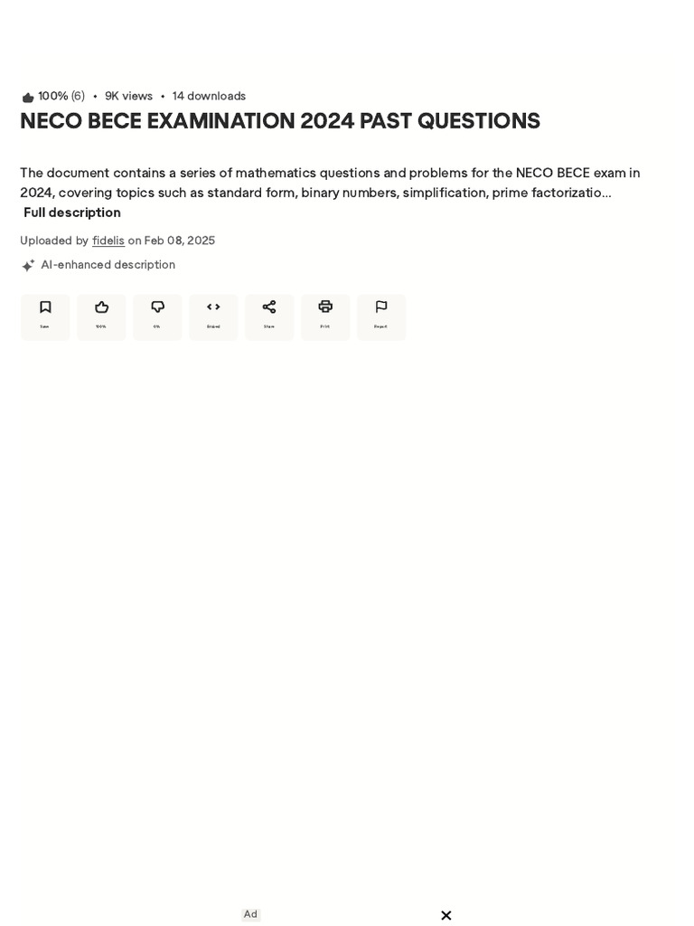Neco Bece Examination 2024 Past Questions: 9K Views 14 Downloads | PDF ...