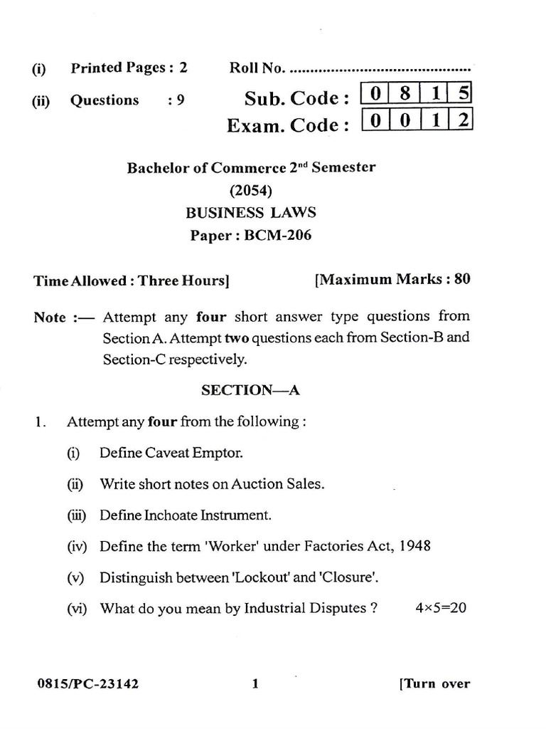 BCom - 2nd Sem - BCM-206 - Business Laws - May 2024 | PDF